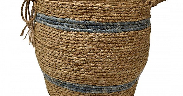 Καλάθι ψάθινο φυσικό με μπλε γραμμή